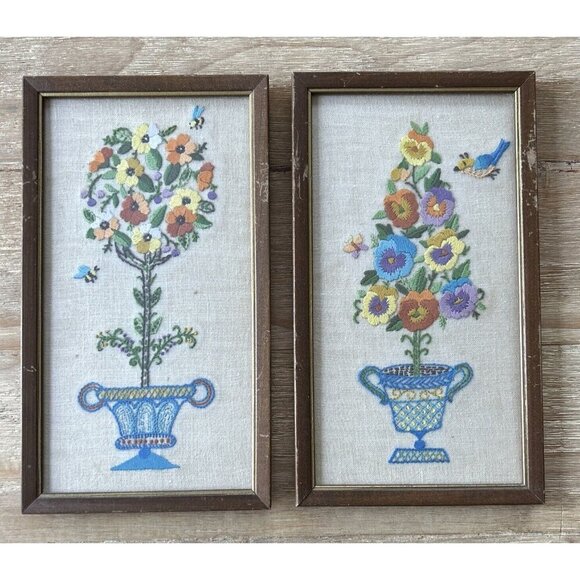 Hand Crafted | Wall Decor | 2 Framed Crewel Embroidery Needlepoint Wall ...
